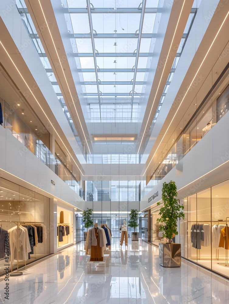 clothing boutique inside a bright shopping mall, featuring a spacious ...