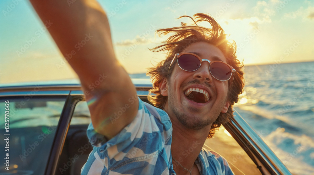 Happy man waving his arms leaning out of an open car window, set ...