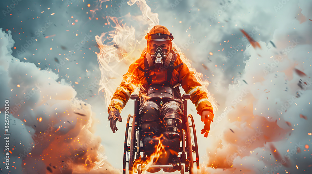 A disabled firefighter in a wheelchair in full uniform extinguishing a ...