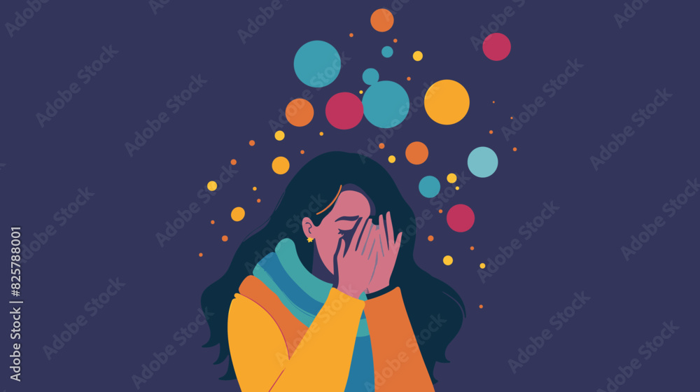 Sad woman shielding face from cyberbullying, peers engaging in online ...