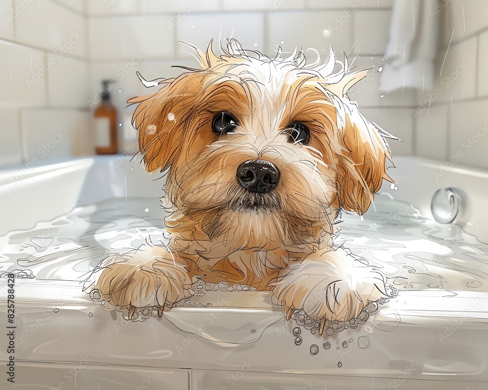 A detailed sketch of a person and a fluffy puppy enjoying bath time in ...