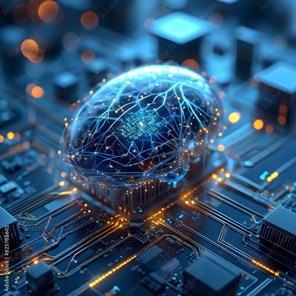 human brain intricately interlinked with the circuits of a computer ...