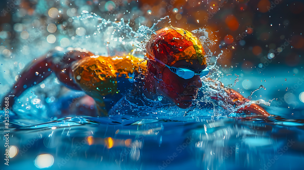 Swimmer wearing a swimming cap and goggles during a fast sprint race in ...