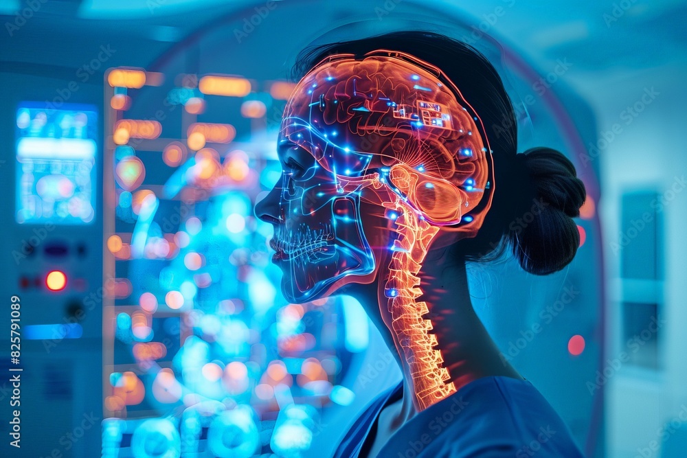 High-tech visualization of human brain and spinal cord with glowing ... High-tech visualization of human brain and spinal cord with glowing ...
