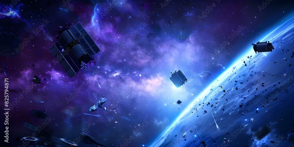 Satellites and Space Debris Crowding Earth's Orbit. Concept Space ...