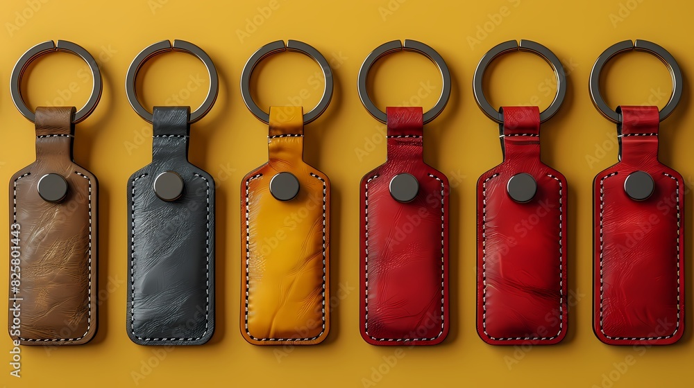 Multiple keychain mockups arranged in a line on a solid mustard yellow ...