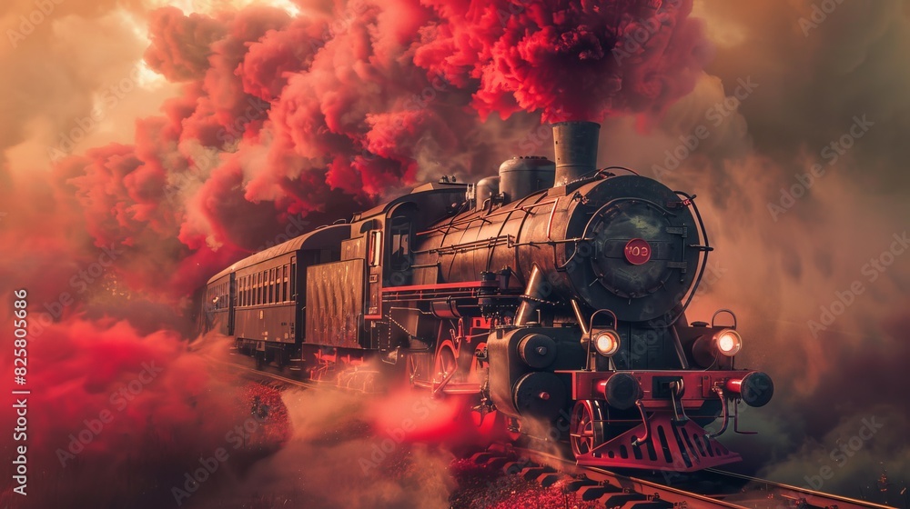 Vintage steam powered railway train in red smoke. Narrow gauge railway ...