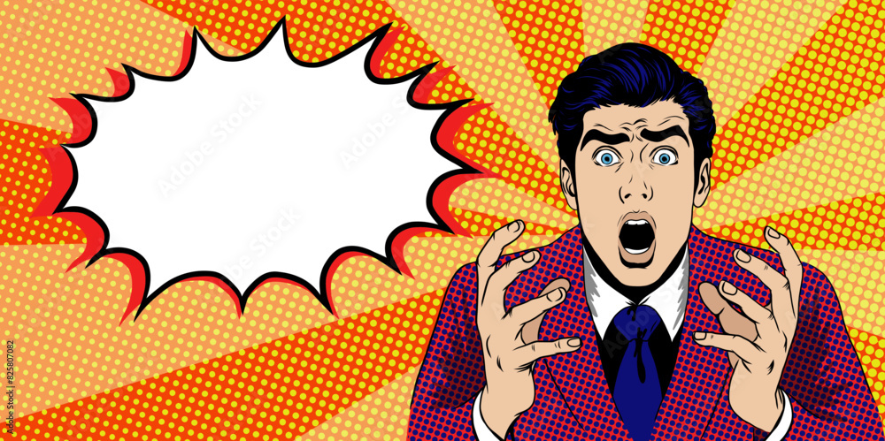 Shocked young man with wide open eyes and open mouth. Hyper expressive ...