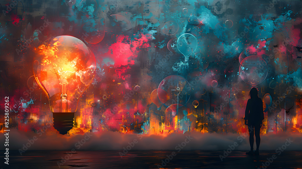 A lively creative brainstorming session with overlays of idea bubbles ...