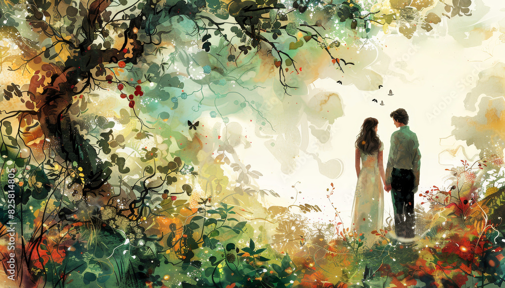 Adam and Eve in the Garden of Eden. Old testament. Christian. Romantic ...