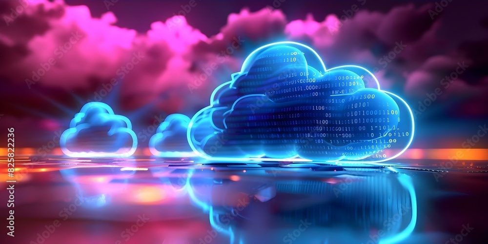 Creating a D blue cloud with glowing binary code to represent cloud computing infrastructure ...