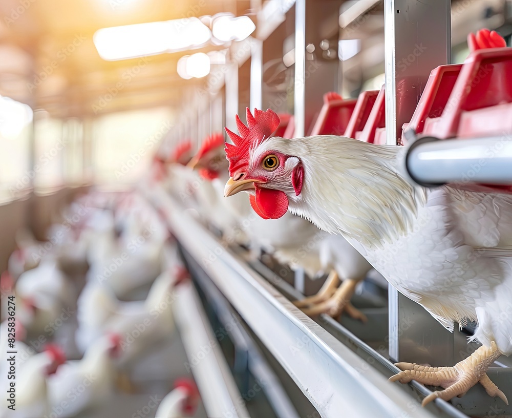 Close-up of white chickens on a poultry farm. The chickens are on an ...