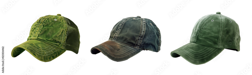 ภาพประกอบสต็อก Collection of green baseball caps isolated on ...