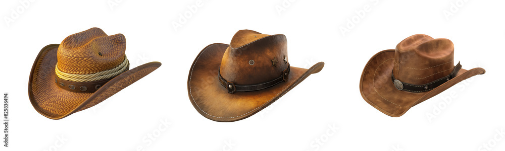 Set of 3D vintage cowboy hats isolated on transparent background ...