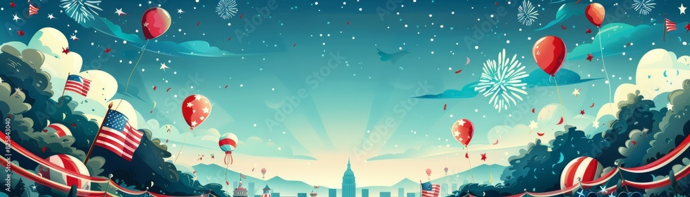 Cartoon illustration of Independence Day parade with American flags and ...