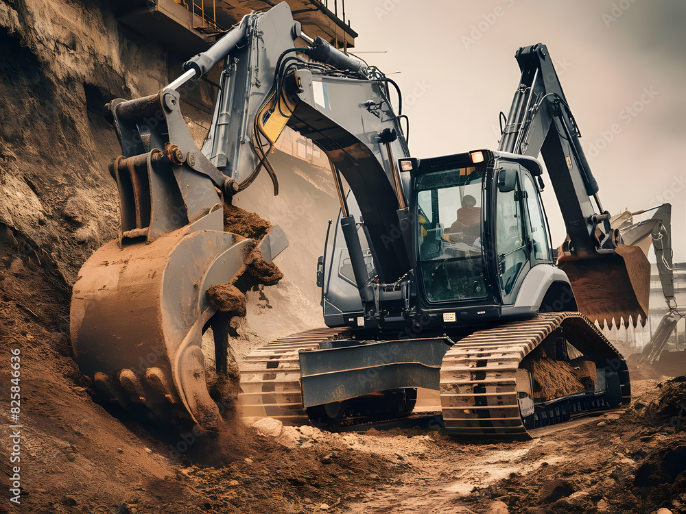 Backhoe working by digging soil at the construction site. Crawler ...