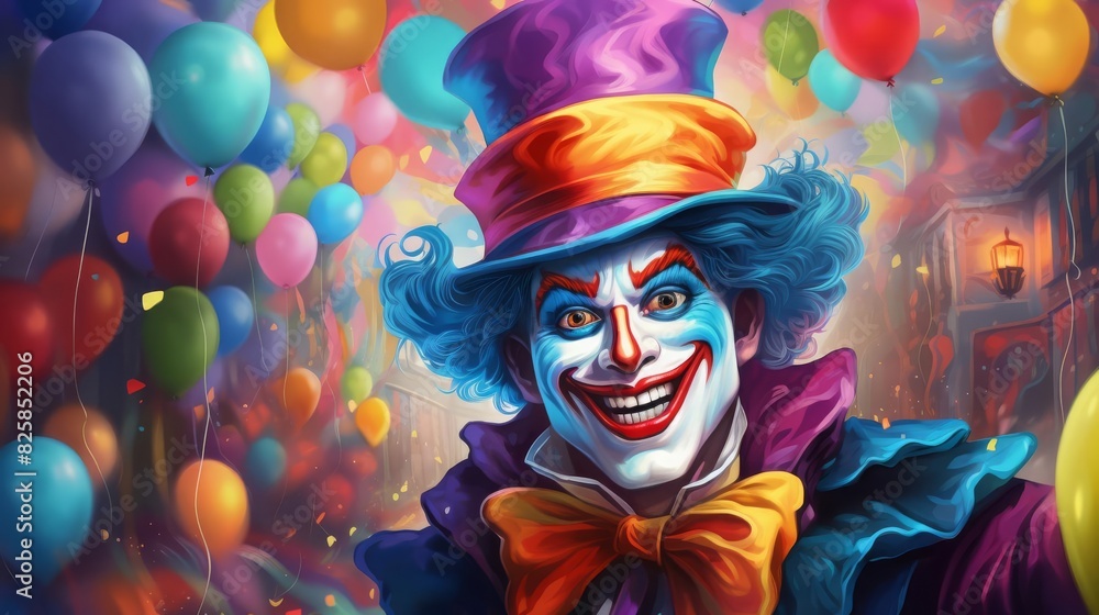 Render a colorful carnival with clowns and balloons, flat design, front ...