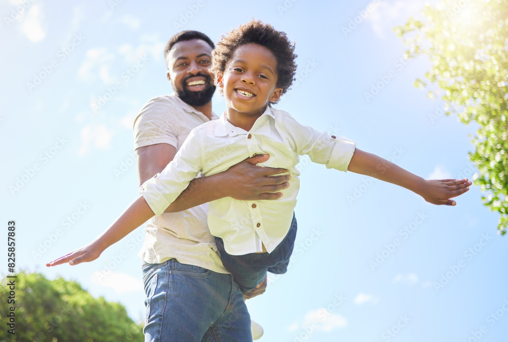 Black man, boy and flying game in portrait outdoor with support ...