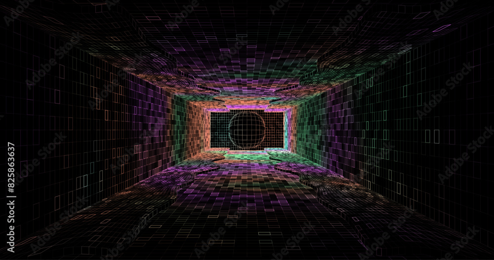 Wire low poly frame of a futuristic corridor or tunnel, consisting of ...