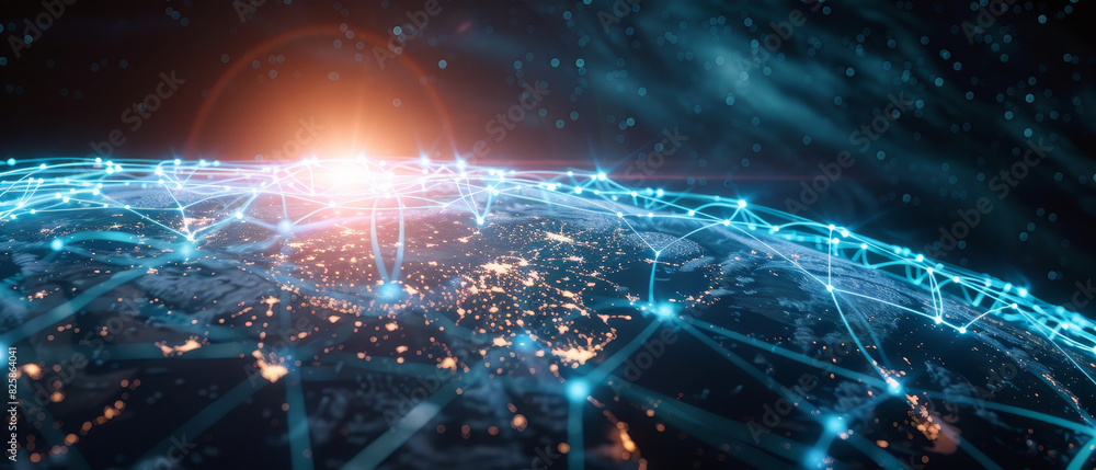 Bright digital pathways connecting Earth globe, dark background ...