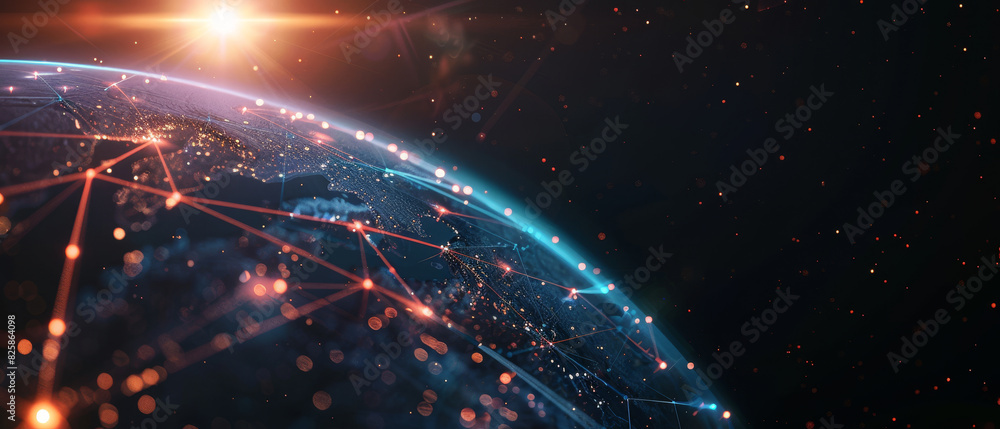 Bright digital lines connecting Earth, dark backdrop showcasing global ...