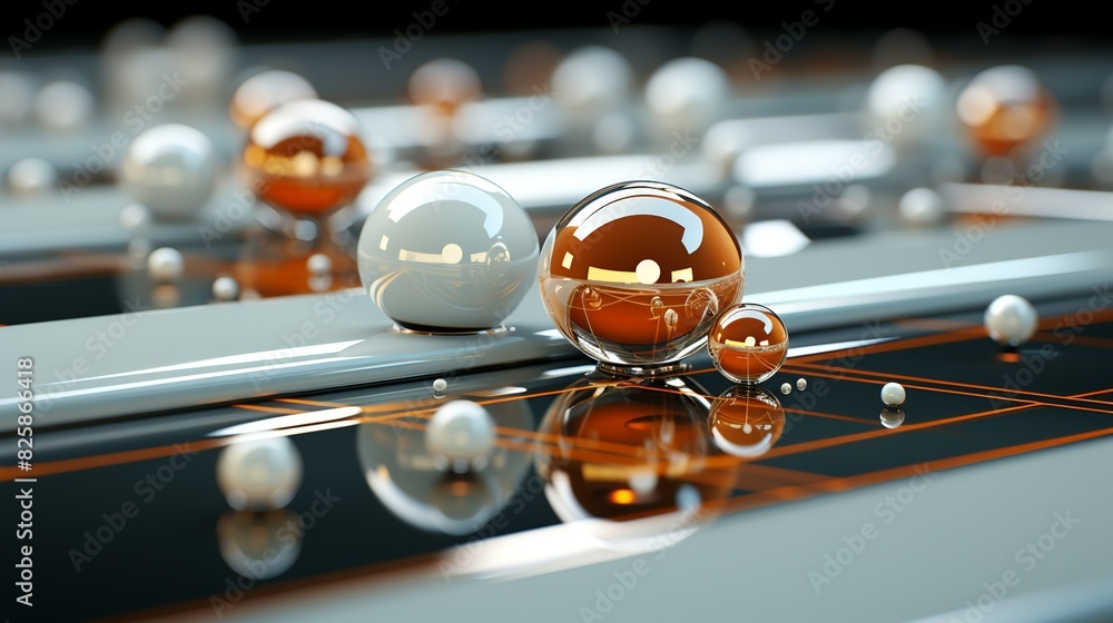A 3D minimalist background featuring floating, metallic pyramids and spheres, creating a ...