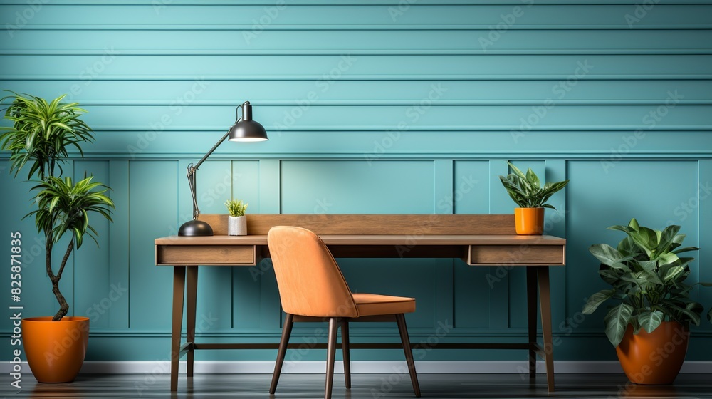 A modern office background with a simple desk, a sleek desk lamp, a ...