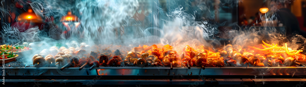 ภาพประกอบสต็อก Sizzling Street Food Grill Station: High Resolution ...