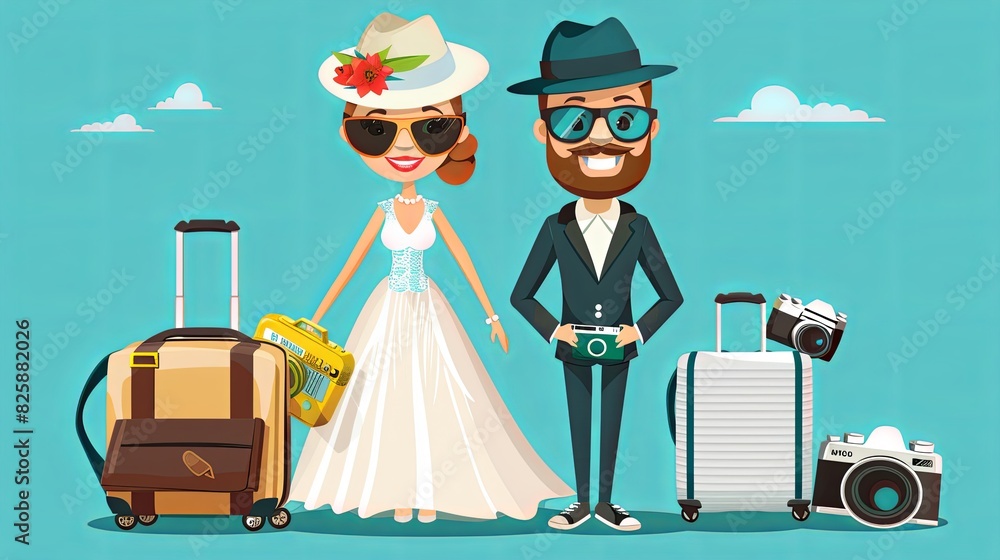 Cartoon family at the airport with suitcases Happy smiling bride and ...