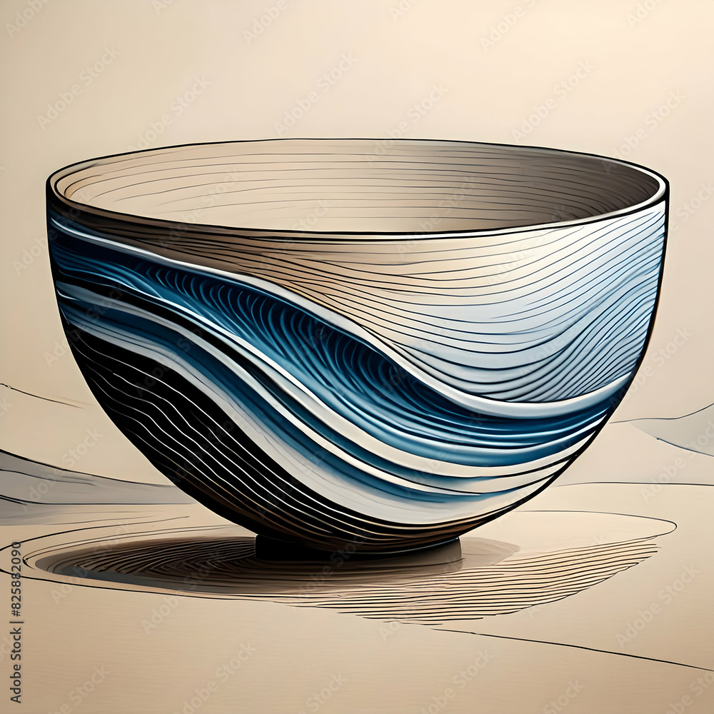 Draw a simple, minimalist bowl with a unique wave-like pattern around ...