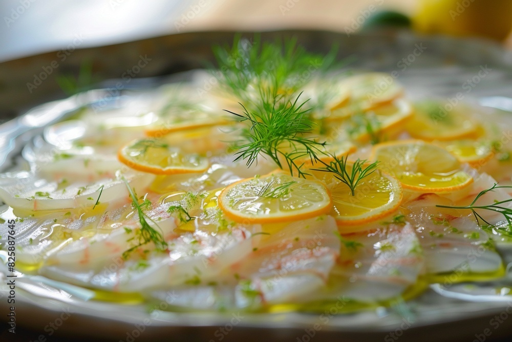 Sea Bass Carpaccio with Citrus Vinaigrette, Translucent slices of sea ...