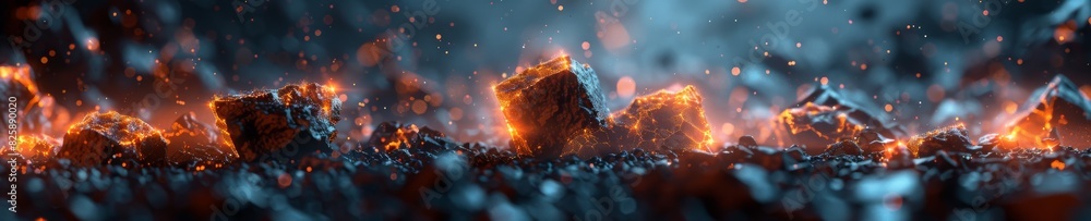 Abstract 3D Background. In the depths of a dark 3D void, fragmented ...