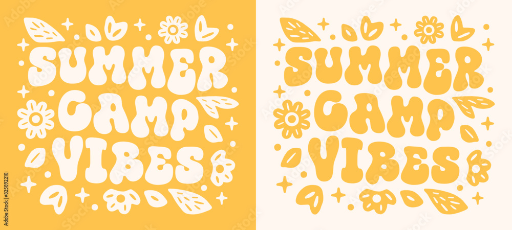 Summer camp vibes groovy lettering camper badge camping floral yellow ...