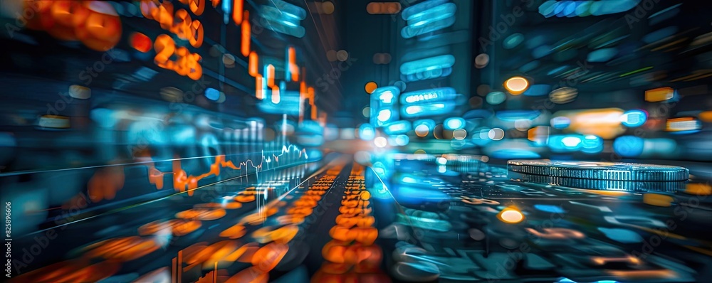 Blurred abstract financial data visualization with glowing charts and ...