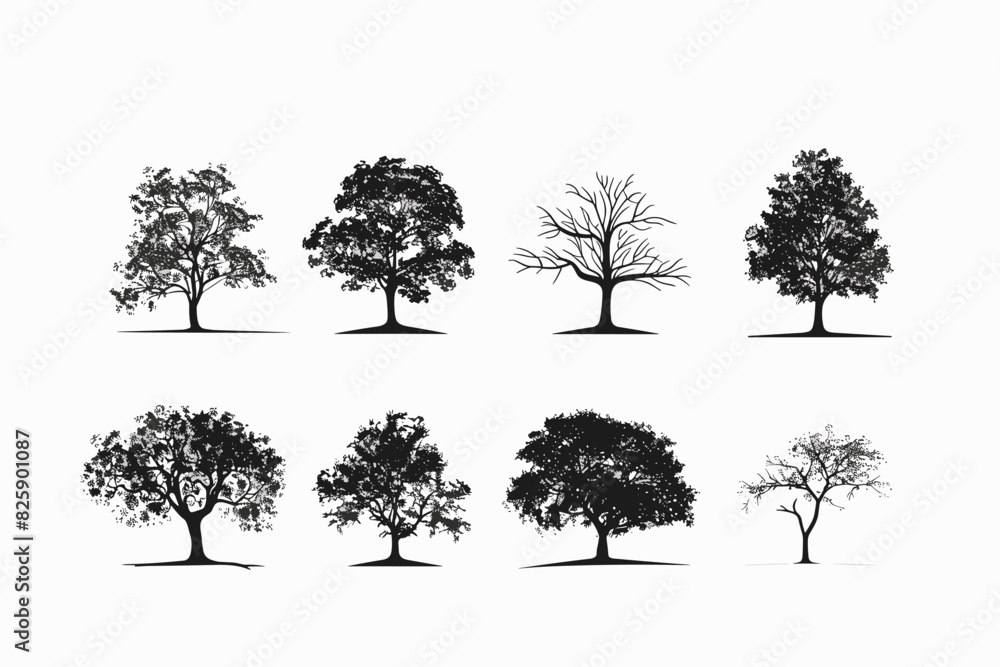 Silhouette tree set. Side view, set of graphic trees elements outline ...