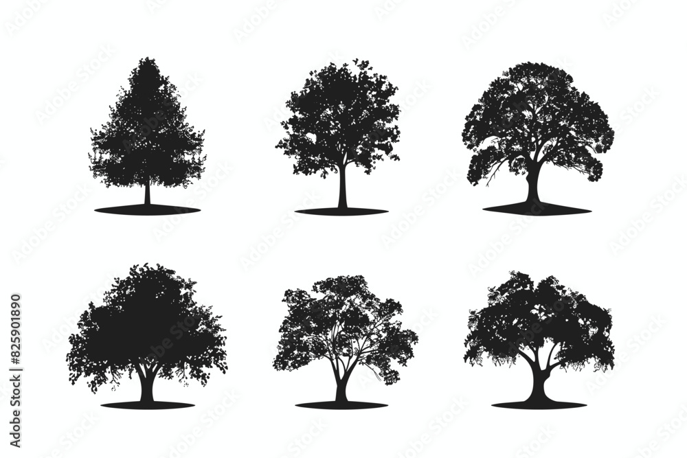 Silhouette tree set. Side view, set of graphic trees elements outline ...