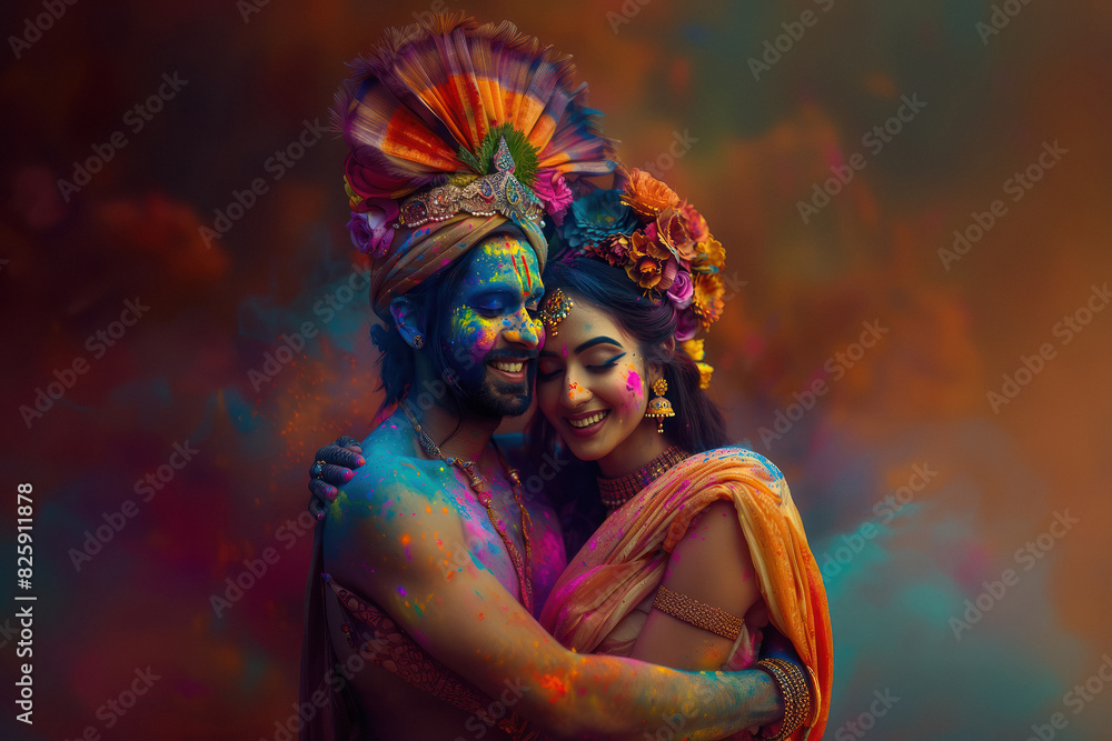indian man and woman in Lord radha and krishna costume with colorful ...