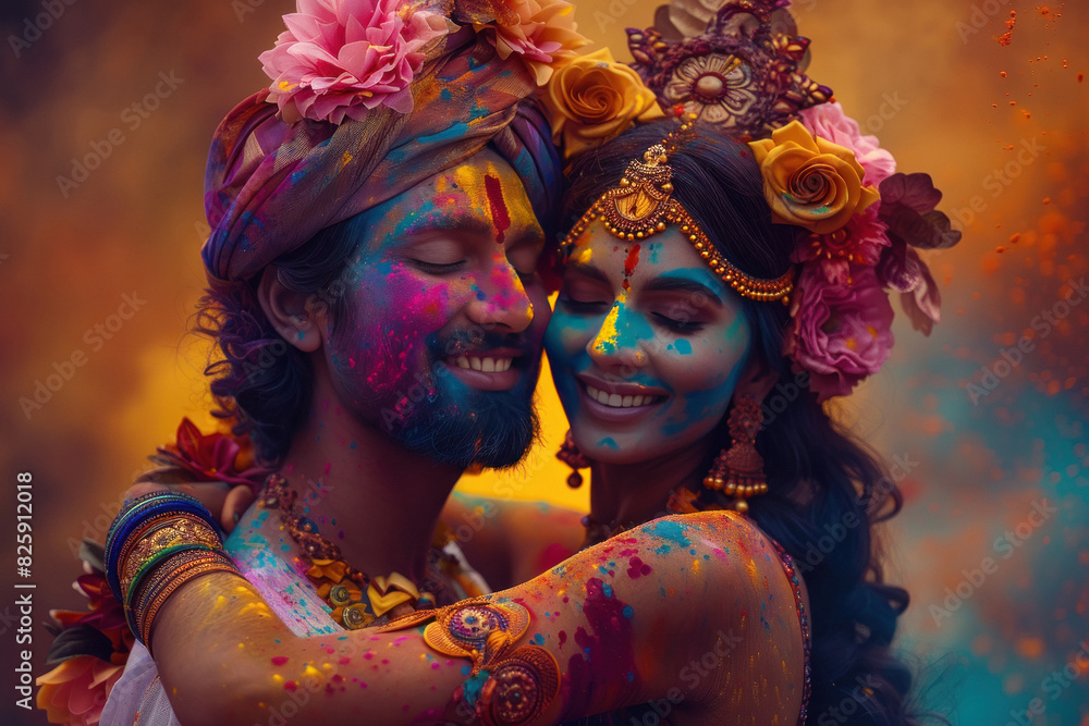 indian man and woman in Lord radha and krishna costume with colorful ...