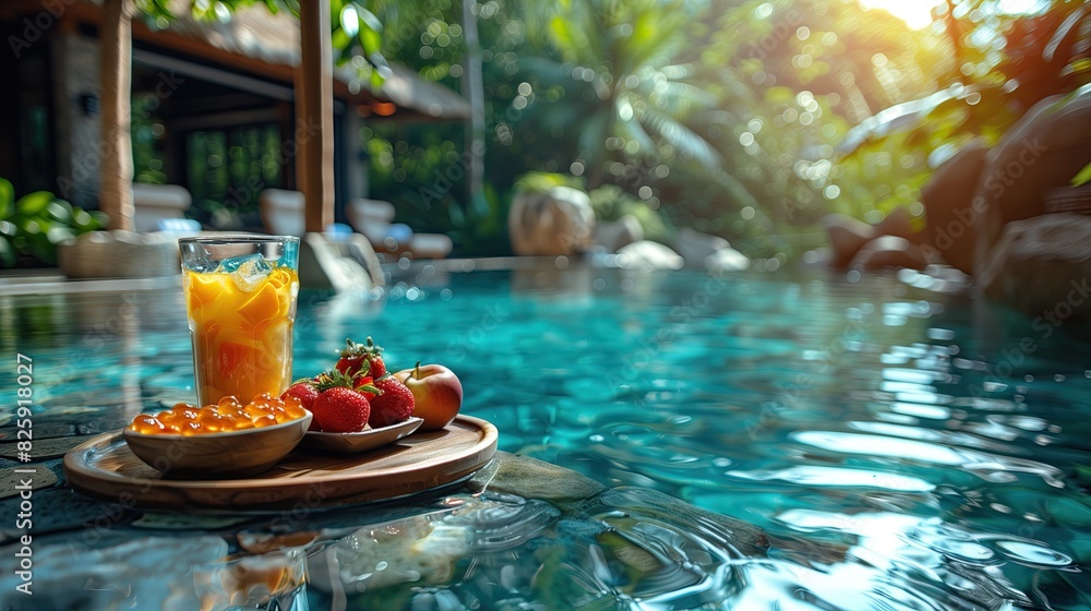 Breakfast in the pool, floating breakfast in a luxury tropical hotel ...