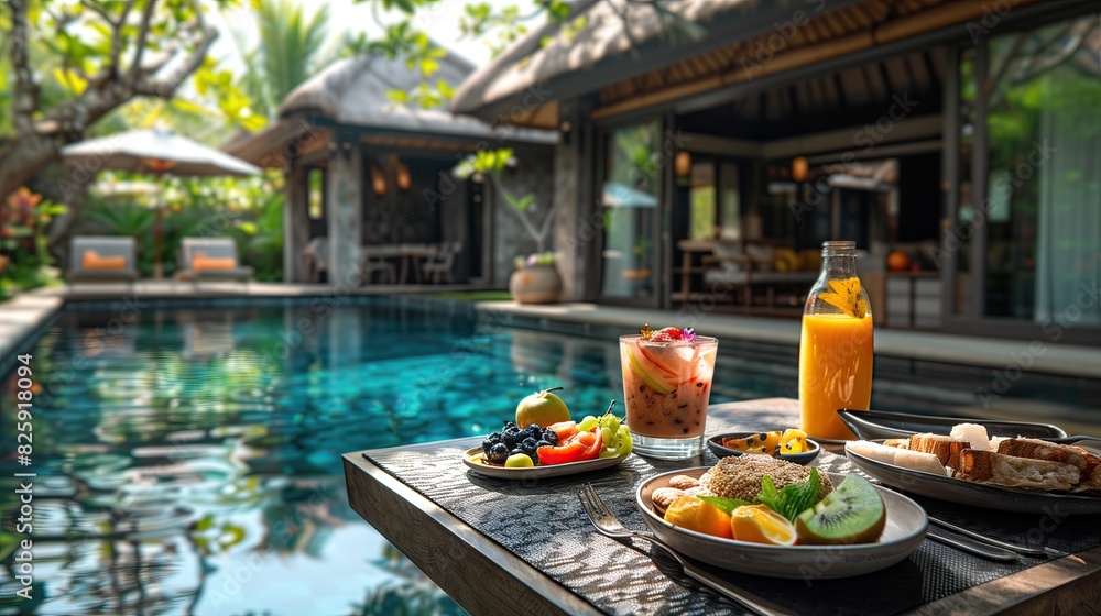 Breakfast in the pool, floating breakfast in a luxury tropical hotel ...
