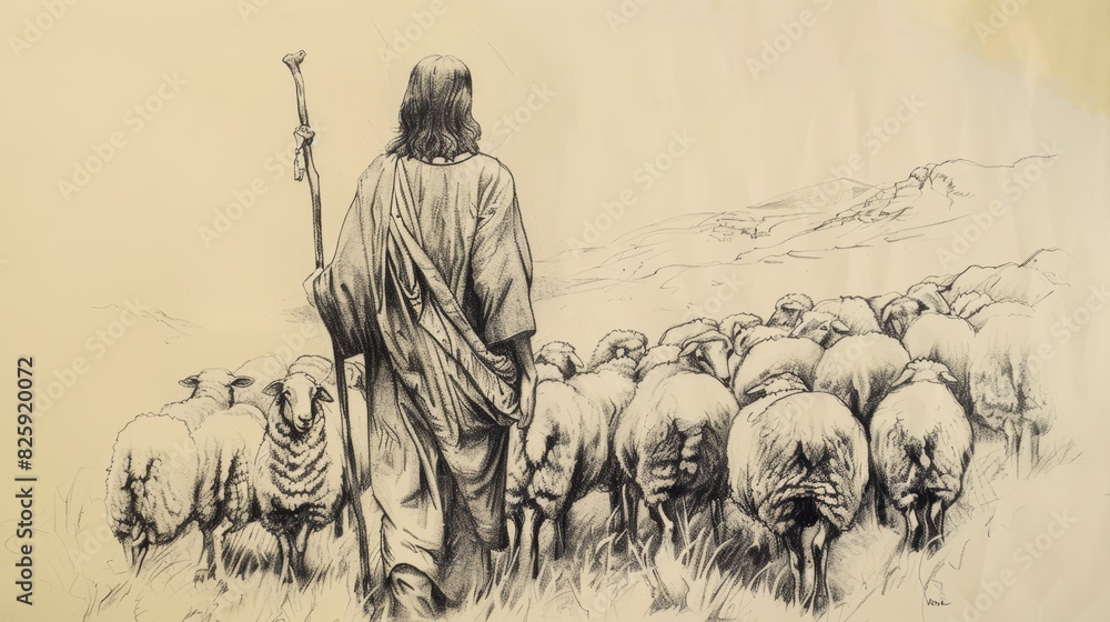 Biblical Illustration of Jesus as the Good Shepherd, Holding a Staff ...