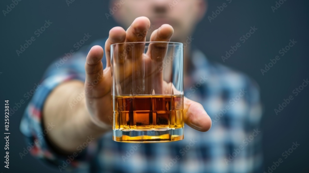 man refuses say no and avoid to drink an alcohol whiskey , stopping ...