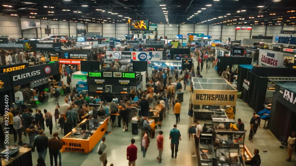 Many individuals standing around booths at a convention hall, A crowded ...