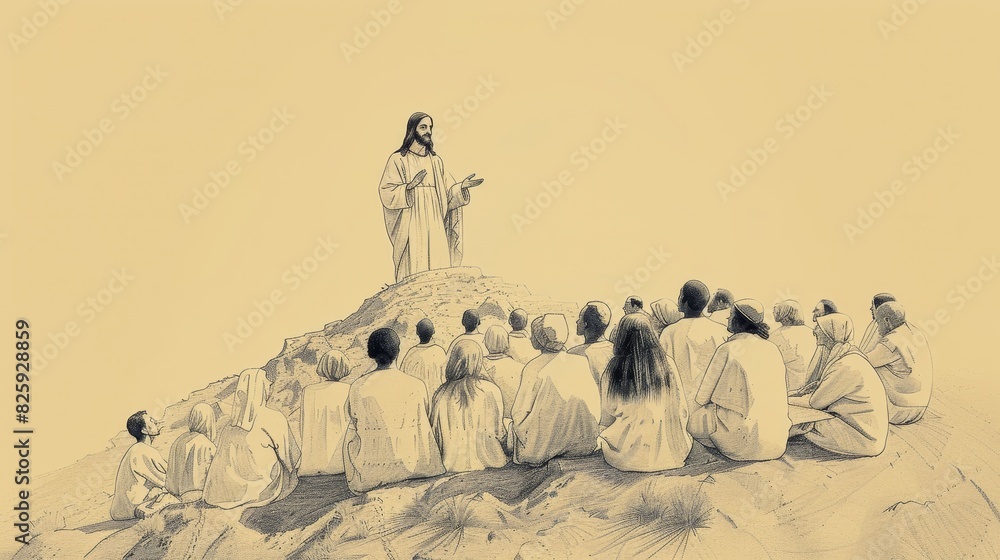 Jesus Teaching the Beatitudes, a Beautiful Biblical Illustration of ...