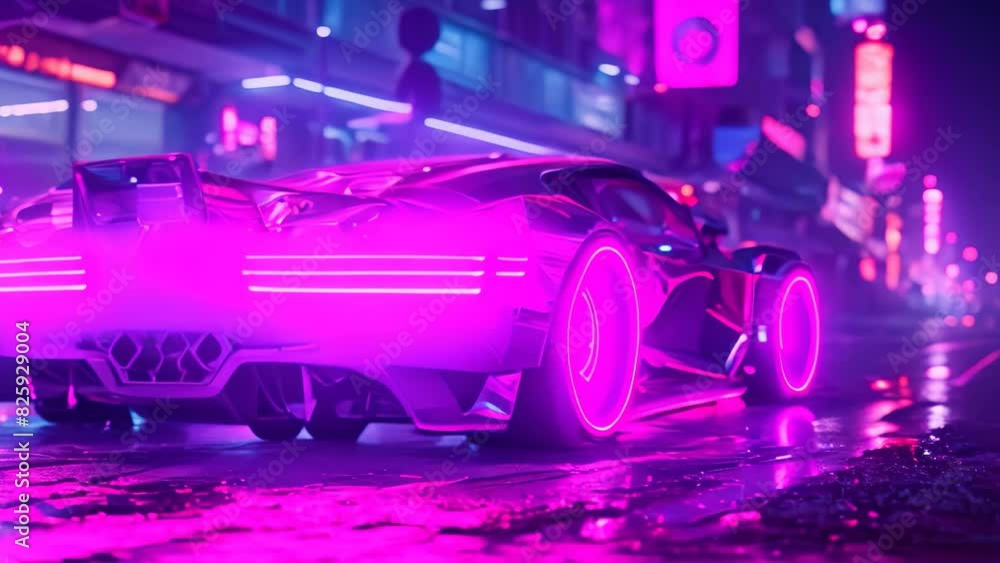 A cyberpunk car with neon lights drives along a futuristic city street ...