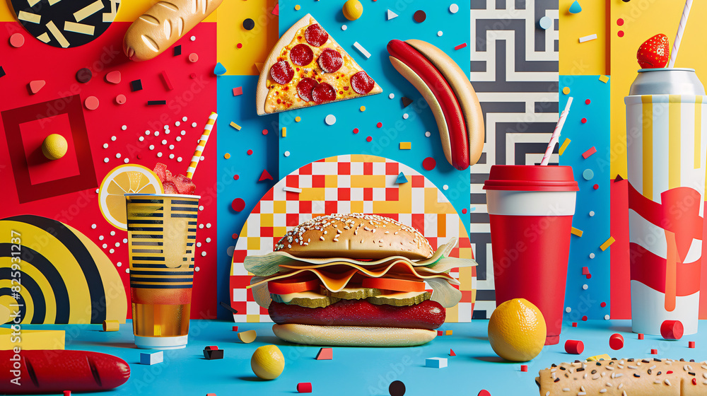 Geometric shapes in bold colors forming a dynamic backdrop, with ...