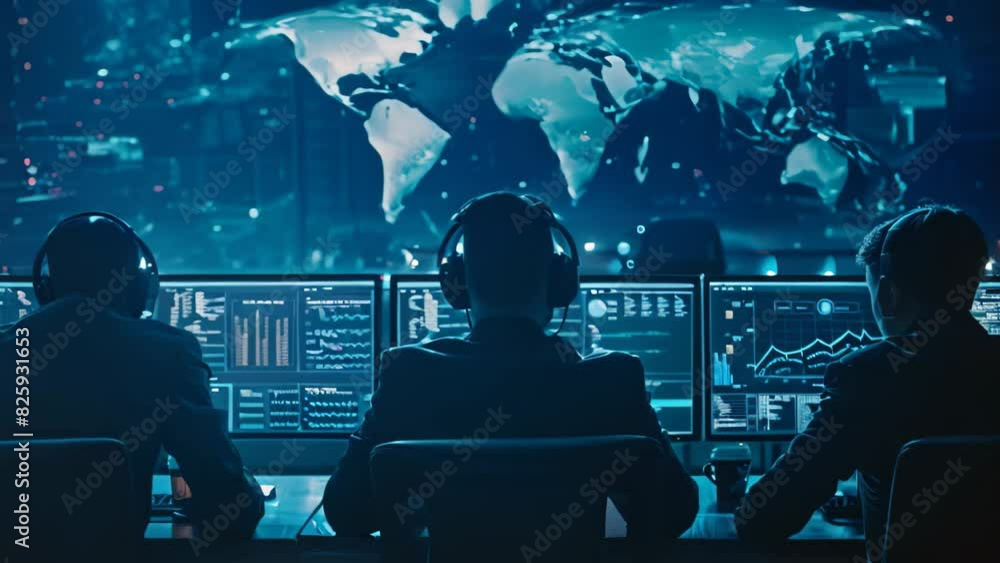 A group of people analyzing data on computer monitors, working together ...