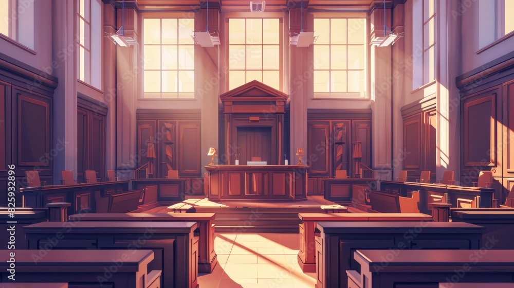 Modern courthouse interior with vacant courtroom, judge's office, and ...