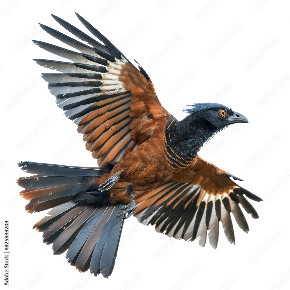 Greater coucal bird fly full body isolate on transparency background ...