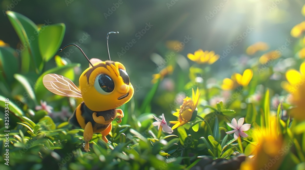 This illustration shows a cute adorable bee surrounded by nature in the ...